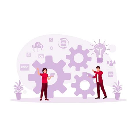 두 명의 It 전문가가 노트북 Devops 개발자 개념에서 소프트웨어 개발에 대한 아이디어를 교환합니다 프리미엄 벡터