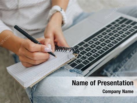Woman Cropped View Writing Notebook PowerPoint Template Woman Cropped View Writing Notebook