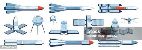 로켓 및 위성 수집 우주 왕복선 발사대 준궤도 비행 및 운송 우주선 기술 운반 로켓 및 우주 정거장 아이콘 벡터 세트 Launch Party에 대한 스톡 벡터 아트 및 기타