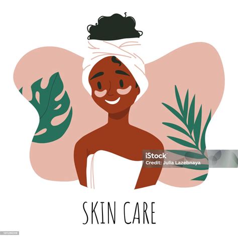 스킨 케어 루틴 어린 소녀는 피부 유기농 천연 화장품을 마주하고 있습니다 한국 화장품 눈 패치와 수건 초상화에 여자 관리 용품 뷰티 프로시저 벡터 만화 아이콘 얼굴 관리