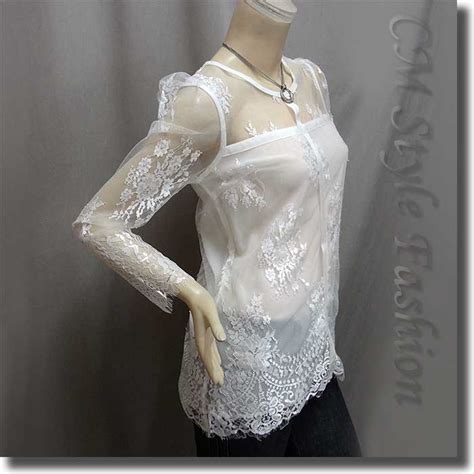 Sheer Shoulder Lace Floral Blouse Top White