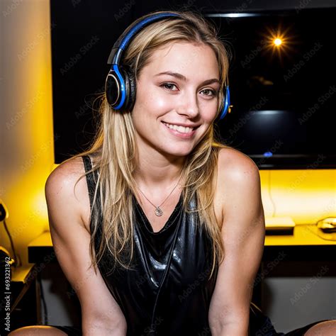 Hot Attractive Gamer Girl Live Streaming On Twitch Playing Modern Gamers Wearing Gamer Headset