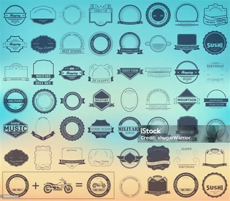 레이블 또는 기호 개념 설정 확인 합니다 레트로 인쇄 술 배지 기호 테두리 리본 상징 우표 및 개체 벡터 디자인 서식 파일이입니다 고급에 대한 스톡 벡터 아트 및 기타