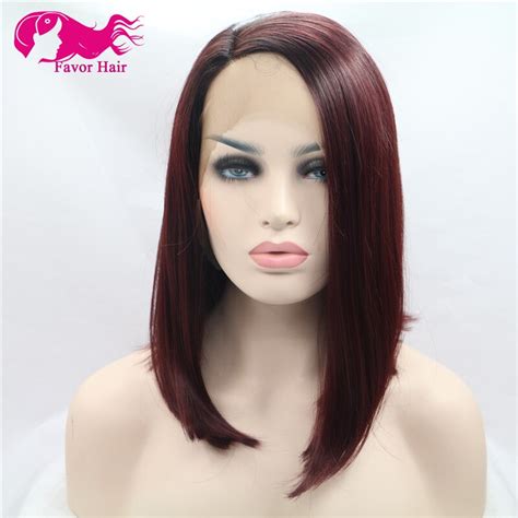 Short Bob Wigs Ombre Burgundy Synthetic Lace Front Wig 2 Tone 1b99j
