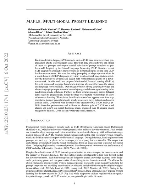 Pdf Maple Multi Modal Prompt Learning