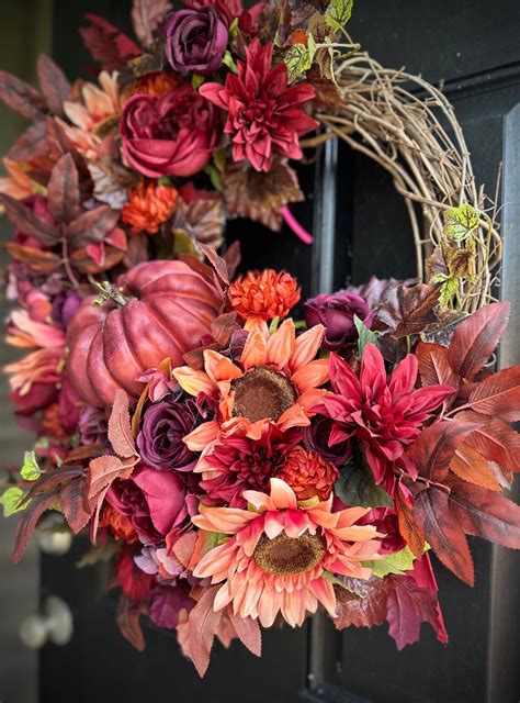 Fall Pumpkin Sunflower Wreath Moody Autumn Door Decor Etsy