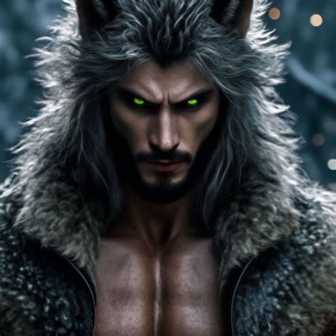 Handsome Brutal Werewolf Man Wolf Ears Hard Focus On Green Eyes