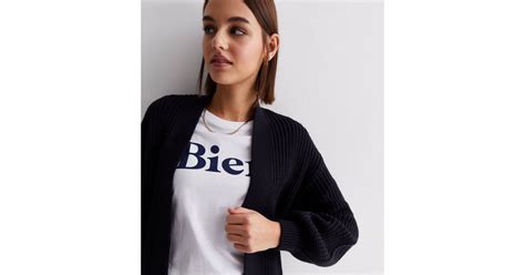Navy Stitch Knit Balloon Sleeve Cardigan New Look