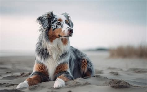 Premium Ai Image Australian Shepherd Is Sitting On The Beach In The