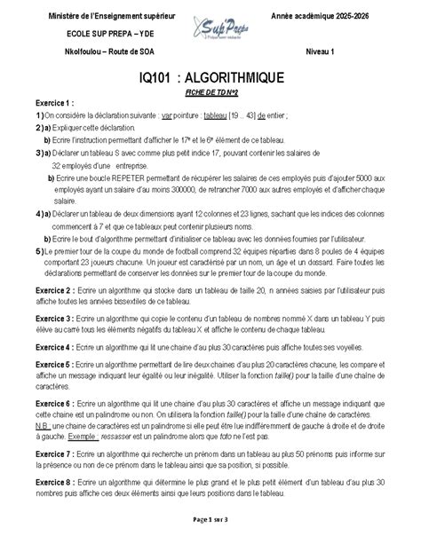 Td2 1ère A Algorithmiques Et Exercices De Programmation Studocu