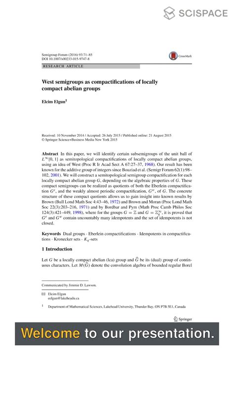 Pdf West Semigroups As Compactifications Of Locally Compact Abelian Groups 2016 Elcim
