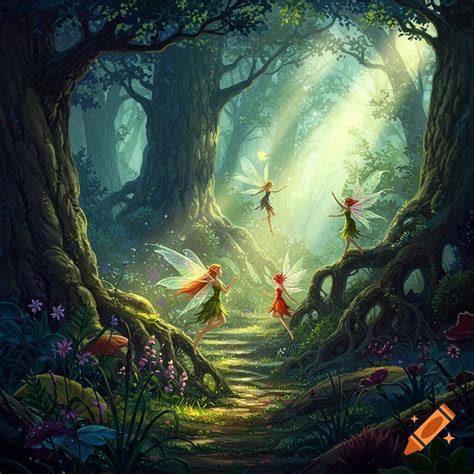 Fairies Flying And Dancing In A Magical Forest With Sunlight Filtering
