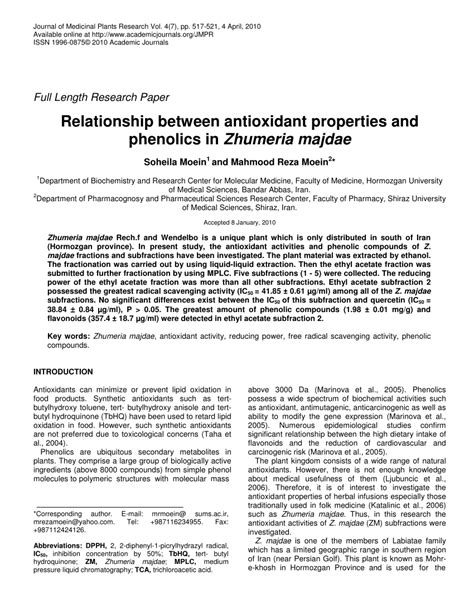 Pdf Relationship Between Antioxidant Properties And Phenolics In