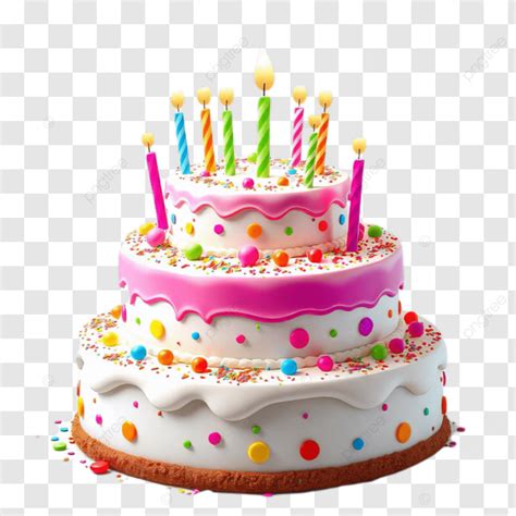 화려한 생일 케이크 3단 핑크색과 흰색 설탕 프로스팅 폴카 도트 장식 조명이 켜진 양초 축제 스프링클 생생한 색상 축하 쾌활한 분위기 사실적 높은 세부 스튜디오 조명 배경