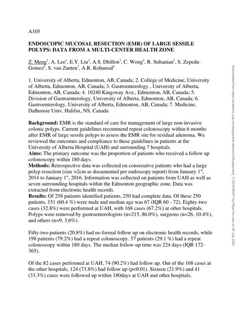 Pdf A105 Endoscopic Mucosal Resection Emr Of Large Sessile Polyps Data From A Multi Center