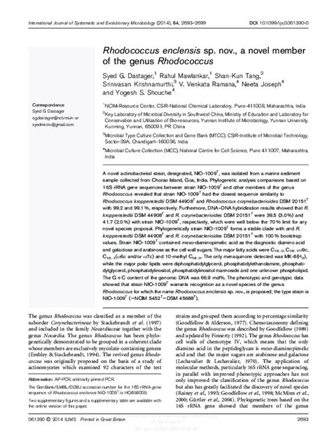 Pdf Rhodococcus Enclensis Sp Nov A Novel Member Of The Genus Rhodococcus Syed Dastager