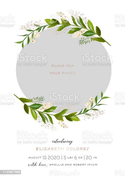 꽃 요소와 아기 태어난 인사말 카드입니다 꽃과 아기 샤워 템플릿 사진 프레임입니다 신생아 결혼식 초대장 화 환 나뭇잎으로 날짜 카드를 저장 하십시오 벡터 일러스트 0명에
