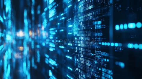 glowing blue binary data stream in a futuristic digital world stock