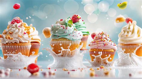 Cupcakes With Frosting And Sprinkles Float In The Air With A Splash Of