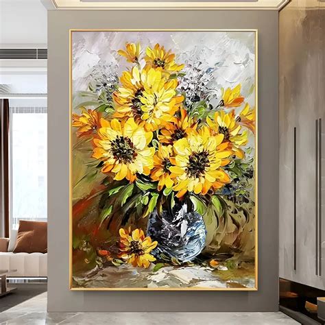 Textured Sunflower Painting Ca077 Yellow Abstract Floral Painting