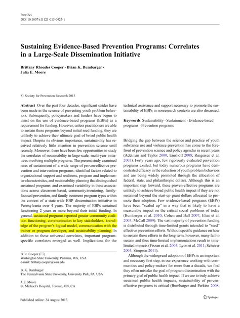 Pdf Sustaining Evidence Based Prevention Programs Correlates In A Large Scale Dissemination