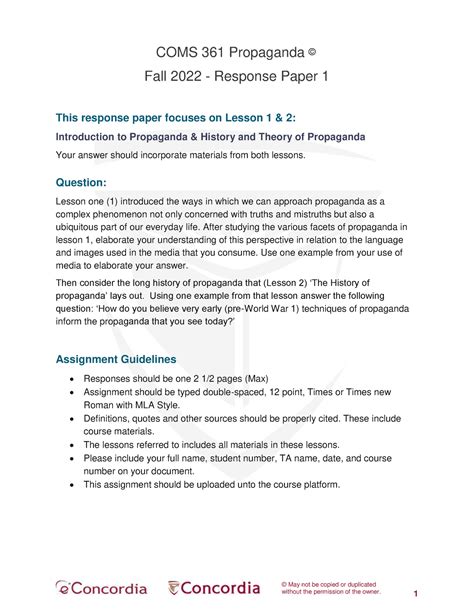 Response Paper 1 Instructions 1 © May Not Be Copied Or Duplicated
