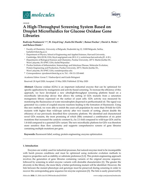 PDF A HighThroughput Screening System Based On Droplet Microfluidics For Glucose Oxidase Gene