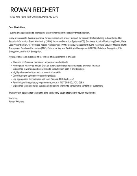 Security Threat Cover Letter Velvet Jobs