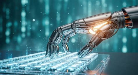 Robotic Hand Interacting With Futuristic Digital Interface And Abstract
