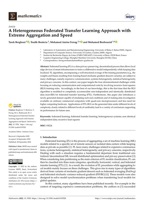 Pdf A Heterogeneous Federated Transfer Learning Approach With Extreme Aggregation And Speed