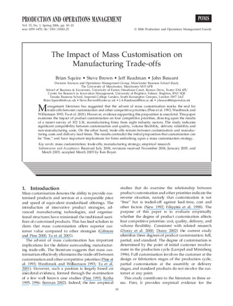 Pdf The Impact Of Mass Customisation On Manufacturing Trade Offs