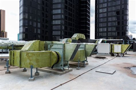 Ac Compressor Installed On The Roof Of A Building In Indonesia Stock