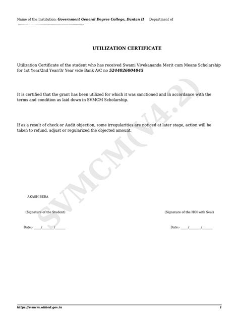 Svmcm Scholarship Utilization Certificate Pdf