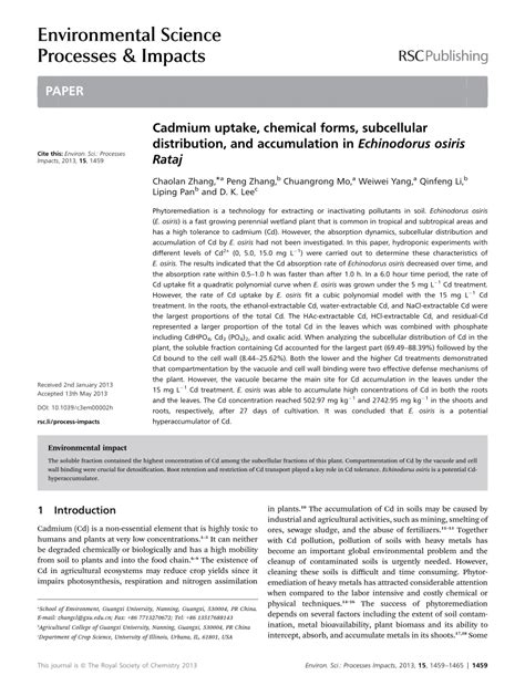 Pdf Cadmium Uptake Chemical Forms Subcellular Distribution And