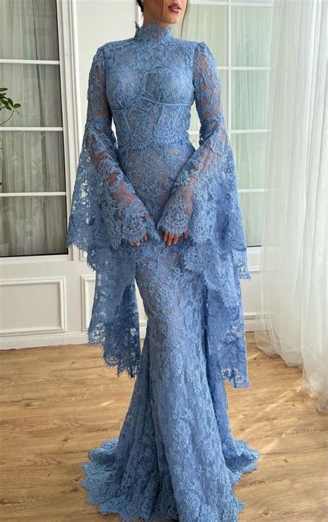 High Neck Mermaid Evening Dress For Women Flare Sleeves Blue Lace Long