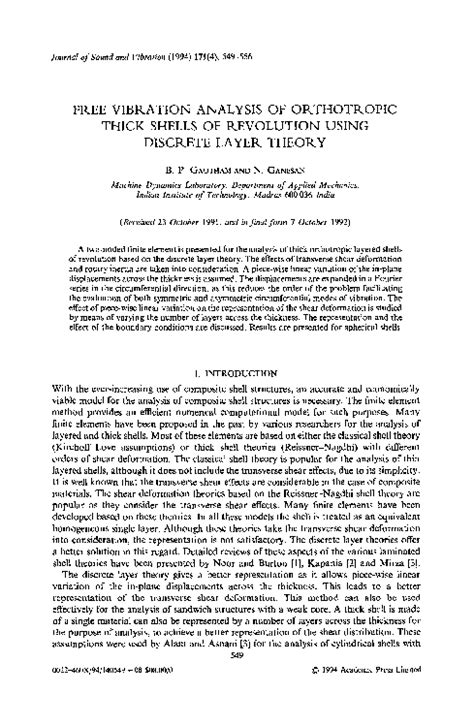 Pdf Free Vibration Analysis Of Orthotropic Thick Shells Of Revolution