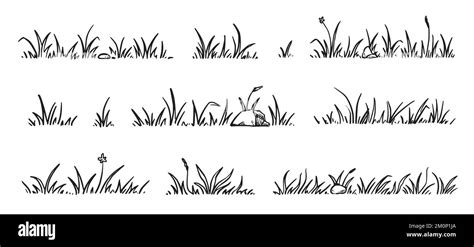 Grass Doodle Sketch Style Set Hand Drawn Grass Field Outline Scribble