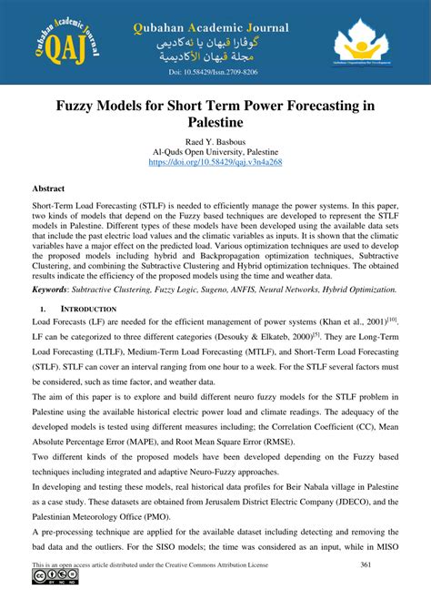 Pdf Fuzzy Models For Short Term Power Forecasting In Palestine