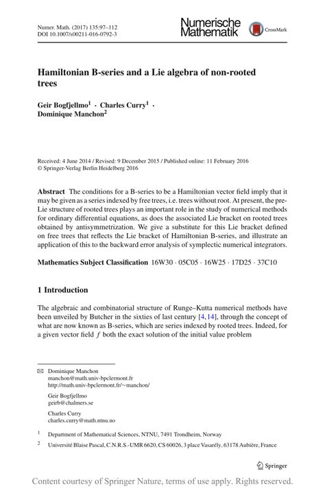Hamiltonian B Series And A Lie Algebra Of Non Rooted Trees Request Pdf