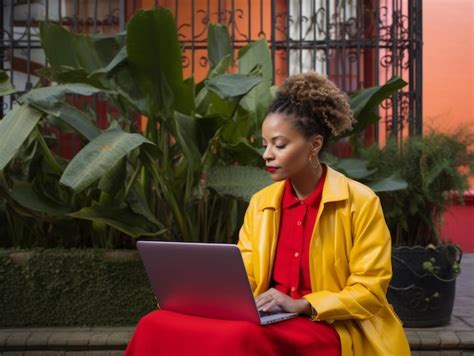 Premium Ai Image Woman From Colombia Working On A Laptop In A Vibrant Urban Setting