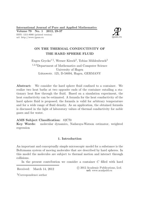 Pdf On The Thermal Conductivity Of The Hard Sphere Fluid