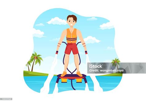 여름 해변에서 제트 팩을 타는 사람들과 함께 플라이보드 그림 평평한 익스트림 수상 스포츠 활동 만화 손으로 그린 템플릿 플라이