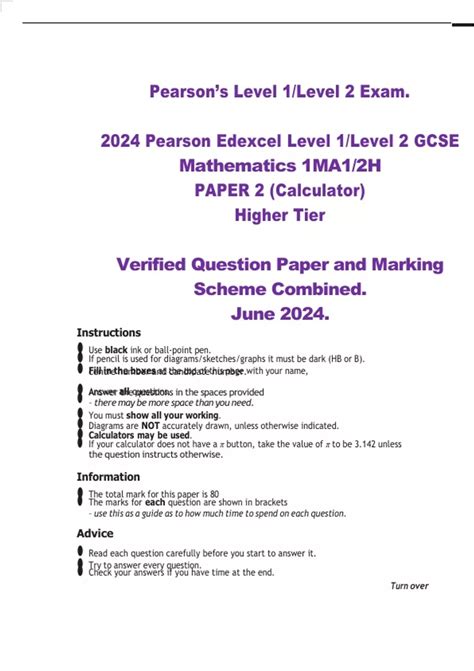 2024 Pearson Edexcel Level 1/Level 2 GCSE Mathematics 1MA1/2H PAPER 2 (Calculator) Higher Tier ...