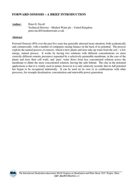 Nicoll Ida Whte Paper Forward Osmosis A Brief Introduction Pdf Pdf Osmosis Unit Operations