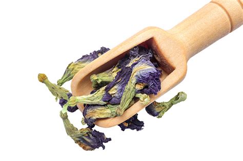 건강한 말린 나비 완두콩 차 클리핑 경로와 함께 흰색 배경에 나무 국자 나비 완두콩의 드라이 플라워 허브 차와 꽃 차 개념 0