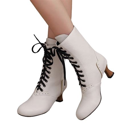 Ankle Boots For Women Lace Up Round Toe Kitten Heel 70s Witch Booties