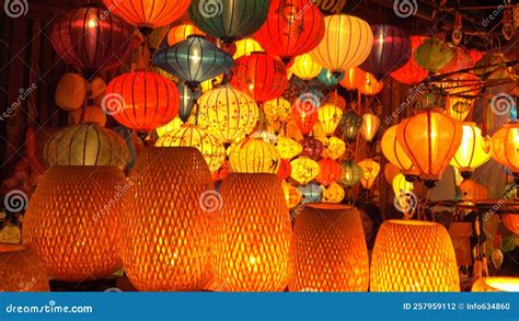 Close Up Colorful Handmade Paper Lanterns Glowing Brightly On A