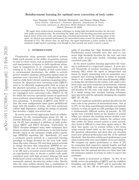 Pdf Reinforcement Learning For Optimal Error Correction Of Toric Codes