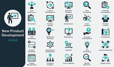 신제품 개발 솔리드 아이콘 컬렉션 아이디어 포함 생성 아이디어 스크리닝 컨셉 개발 전략 개발 제품 개발 테스트 마케팅 사업화 평가 아이콘에 대한 스톡 벡터 아트 및 기타