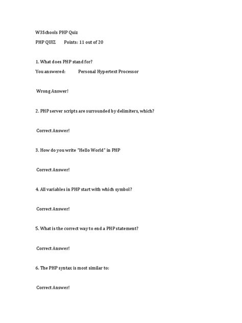 W3schools Php Quiz Pdf Php Computer Programming